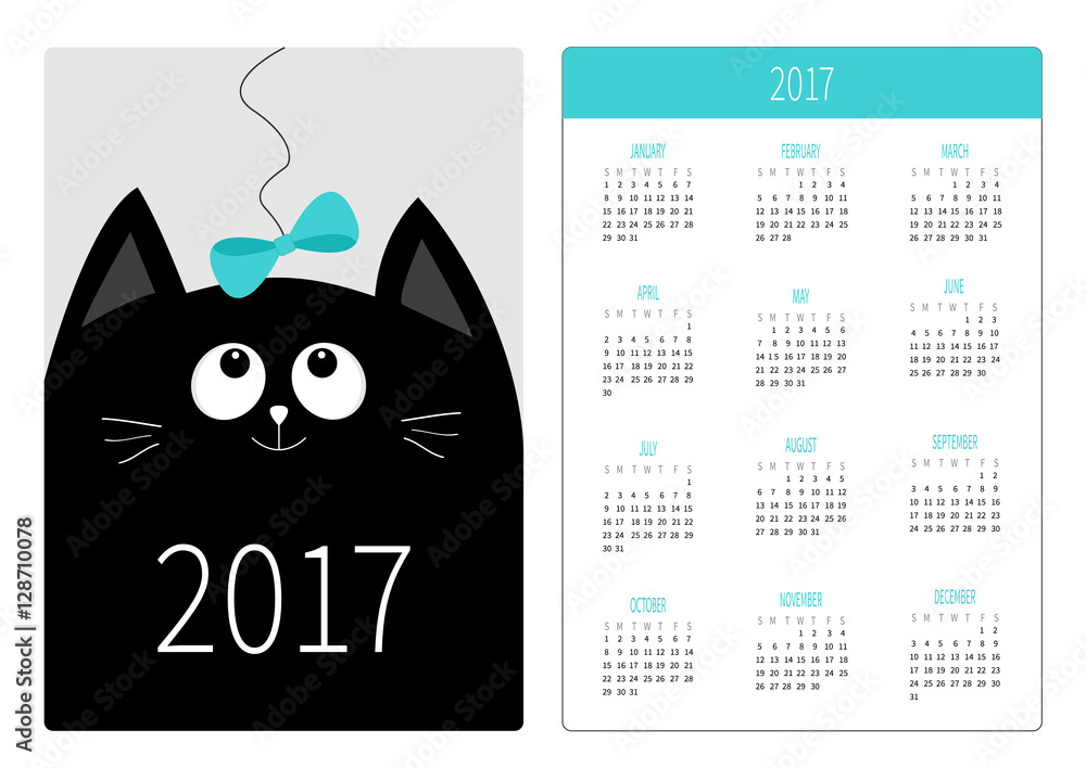 Pocket calendar 2017 year. Week starts Sunday. Flat design Vertical ...