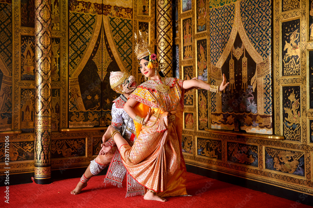 Khon,Art culture Thailand Dancing in masked khon Benjakai and hanuman in literature amayana ...