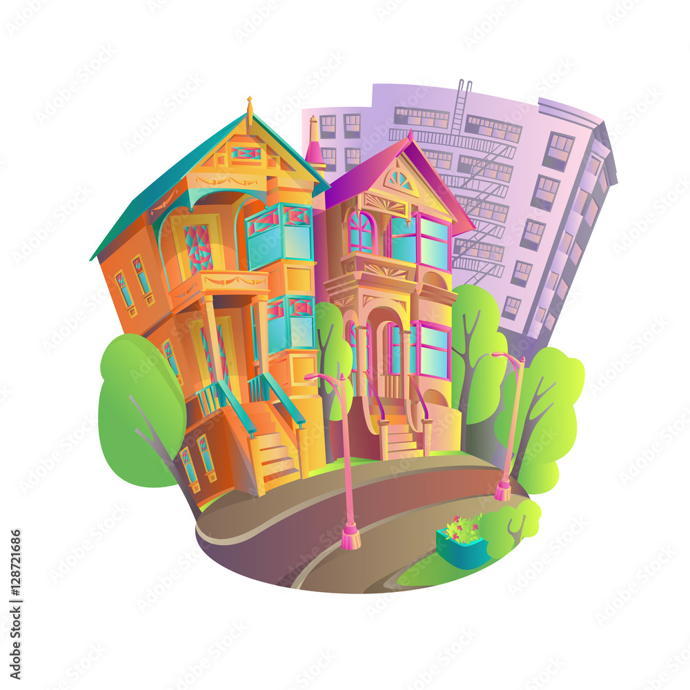 Bright vector illustration icon of old Victorian houses with columns ...