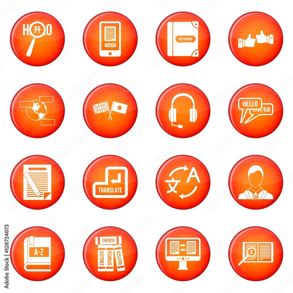 Learning foreign languages icons vector set of red circles isolated on ...