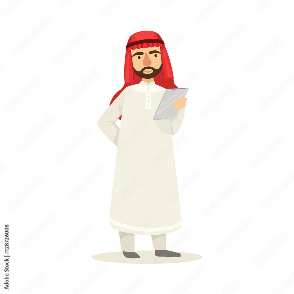 Vetor de Arabic Muslim Businessman Dressed In Traditional Thwab Clothes ...