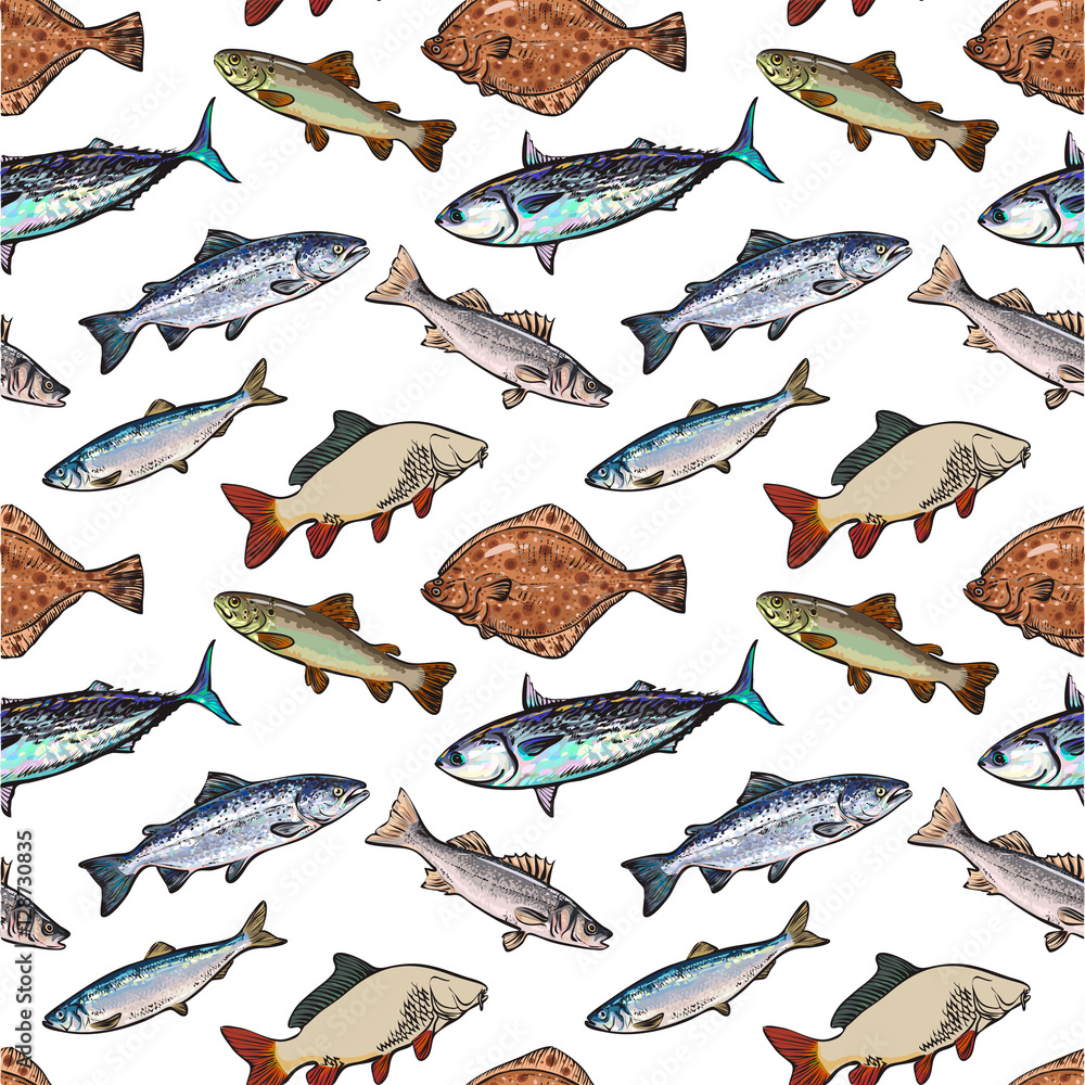 Seamless pattern, sea fish sketch style vector illustration. Realistic ...