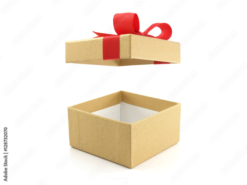single open empty gold gift box with red ribbon bow (lid floating ...