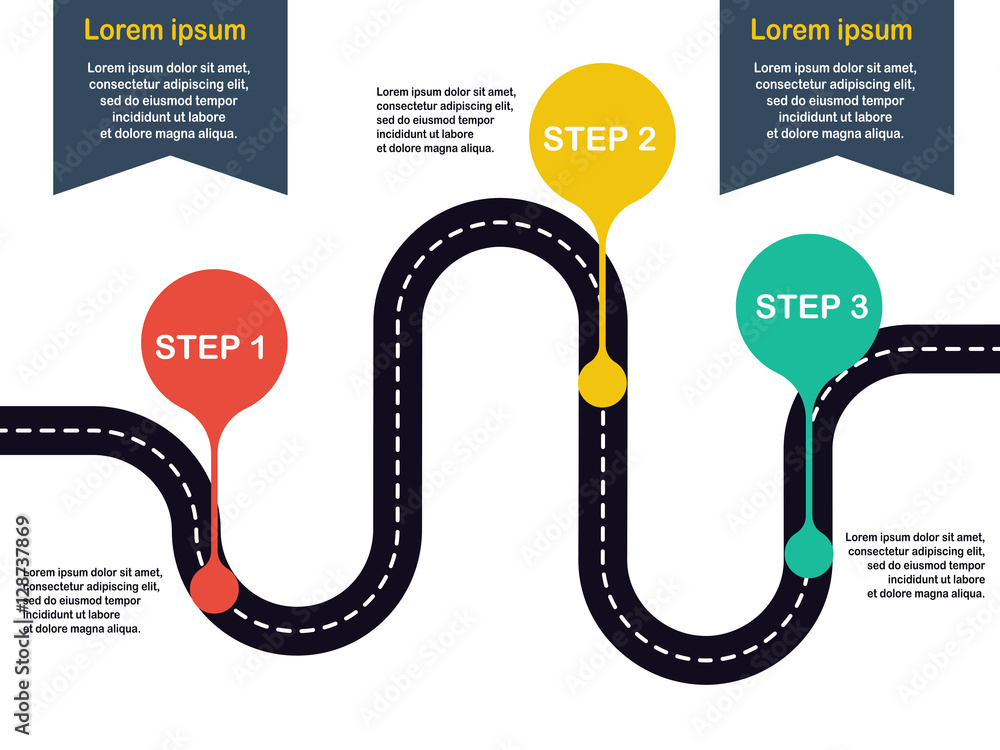 Winding road steps Horizontal diagram with pin-pointers. Vector EPS 10 ...