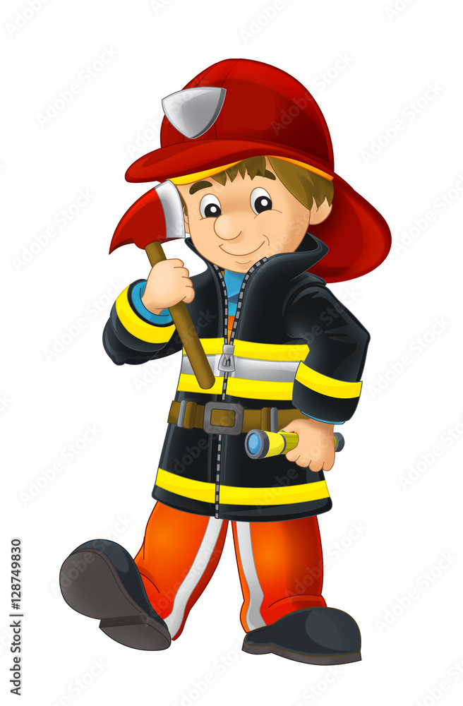 Cartoon happy and funny fireman - isolated background - illustration ...