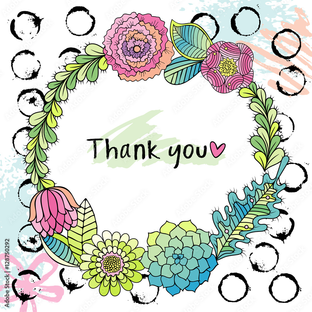 Vector Floral Thank you card with colorful stylised flowers in a wreath ...