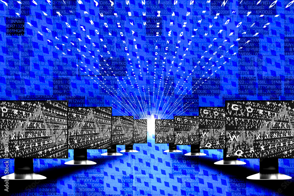 Numbers flow with computer screens, 3d illustration Stock Illustration ...