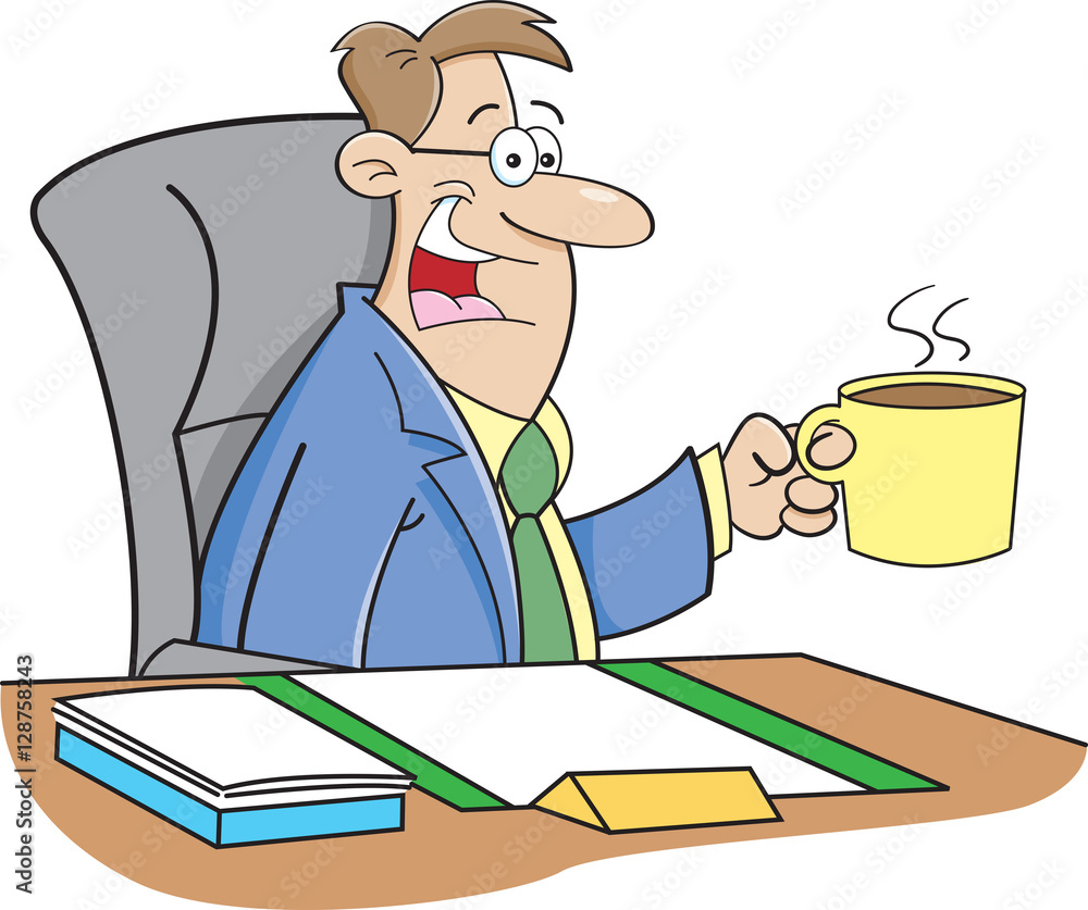 Cartoon illustration of a man sitting at a desk with a cup of coffee ...