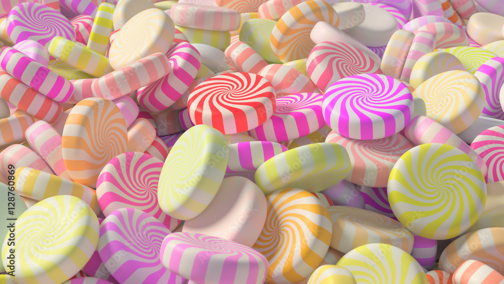 Large pile of colorful swirl candy. This image is a 3D Illustration ...