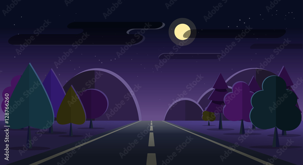 Night nature landscape road view, mountains, forest and full moon in ...