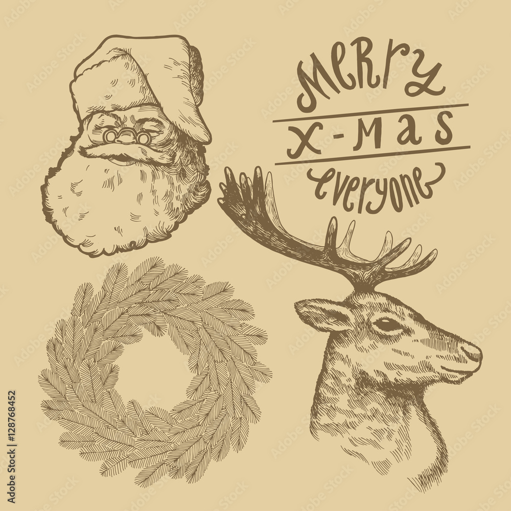 vintage cristmas symbols drawing set. santa claus face. pine wreath ...