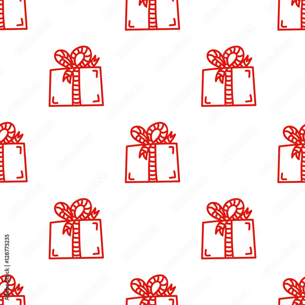 Gift box with ribbon, red line seamless pattern. Hand drawn tileable ...