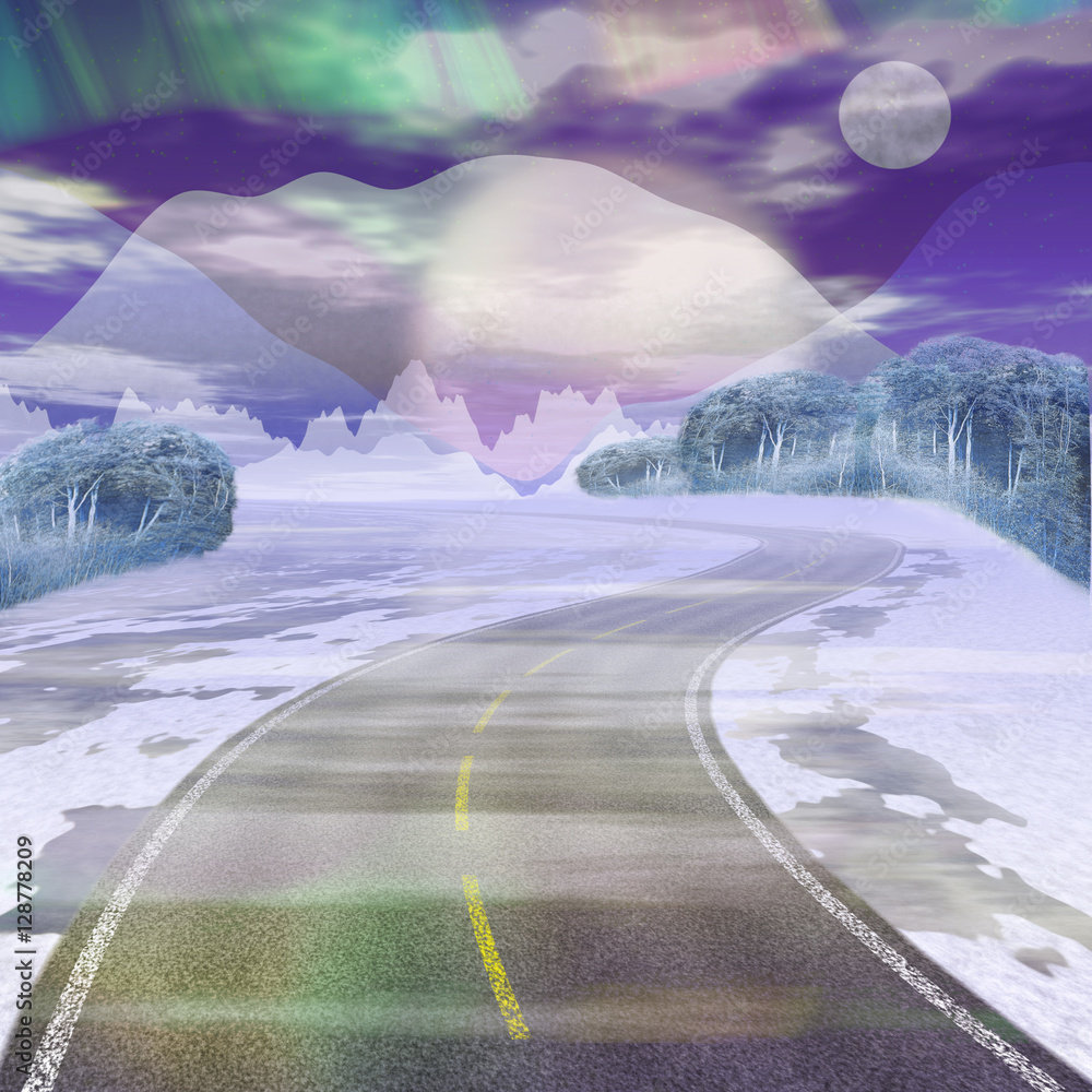 Winter landscape with snowbound road, mountains, sky, moon and forest ...