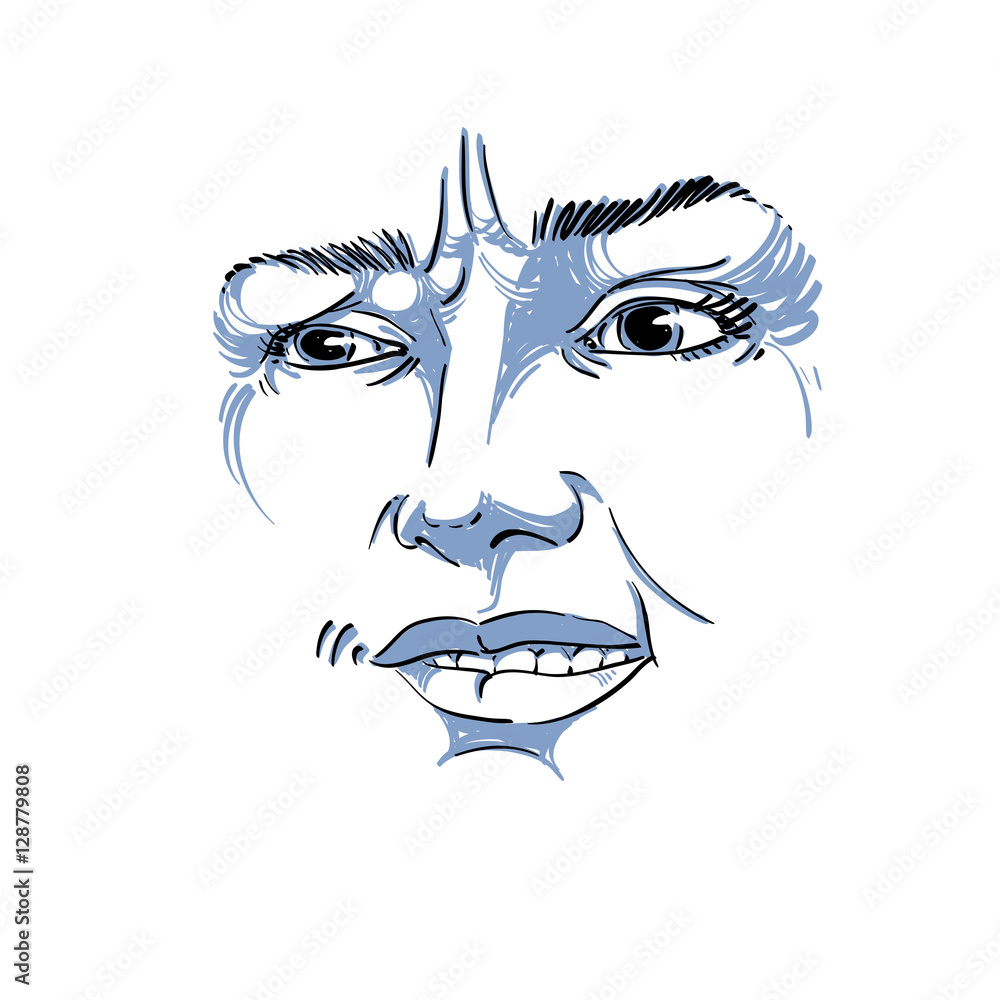 Vector drawing of distrustful woman, face features. Black and wh Stock ...