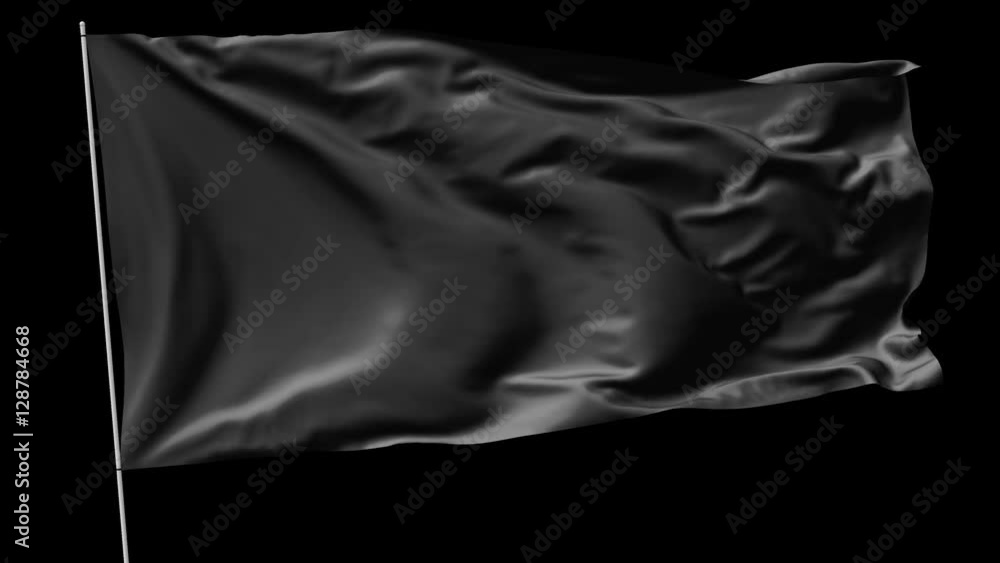 Blank plain black flag with flagpole waving in the wind, 3D animation ...