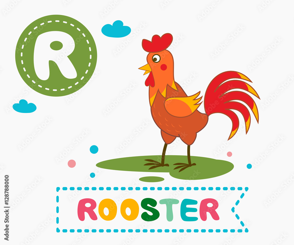 Hand drawn letter R and funny cute rooster Stock Vector | Adobe Stock