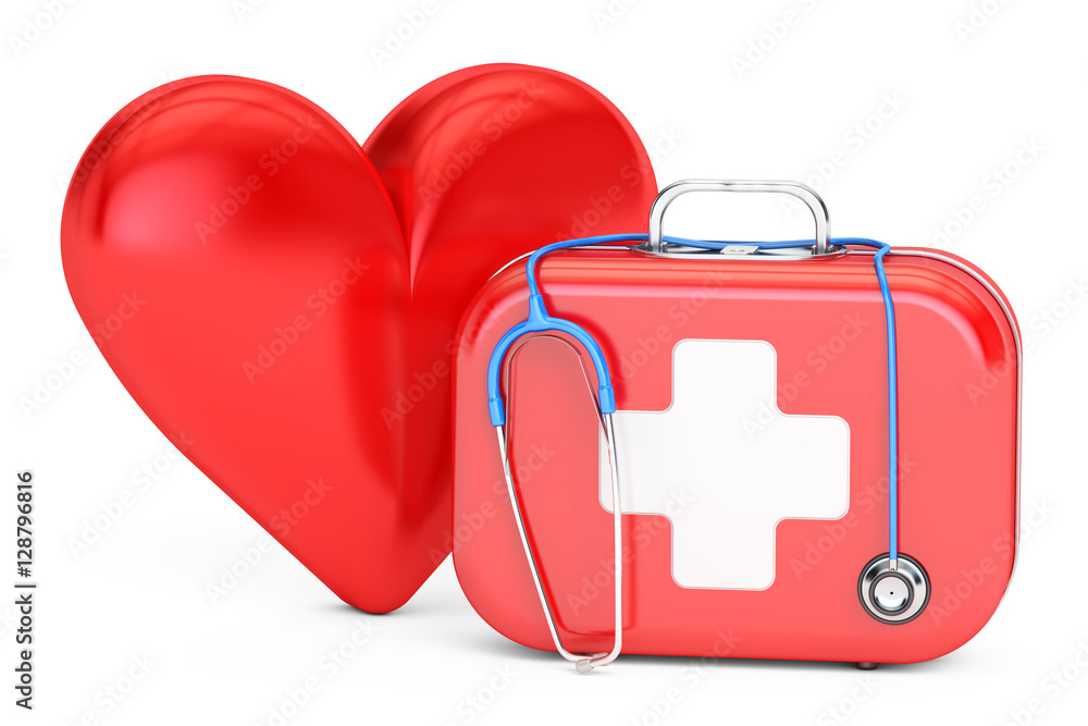 First aid kit with stethoscope and red heart. First Aid concept. Stock ...