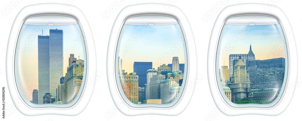 Three plane windows on New York City with World Trade Center and Twin ...