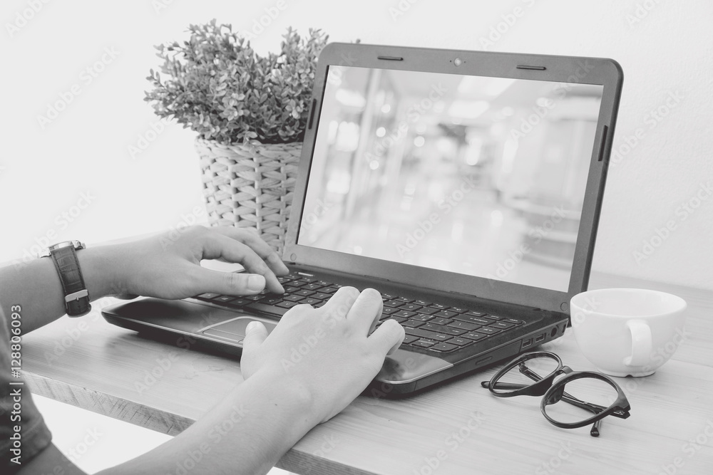 Hand typing laptop with blank blur background on screen Stock Photo ...