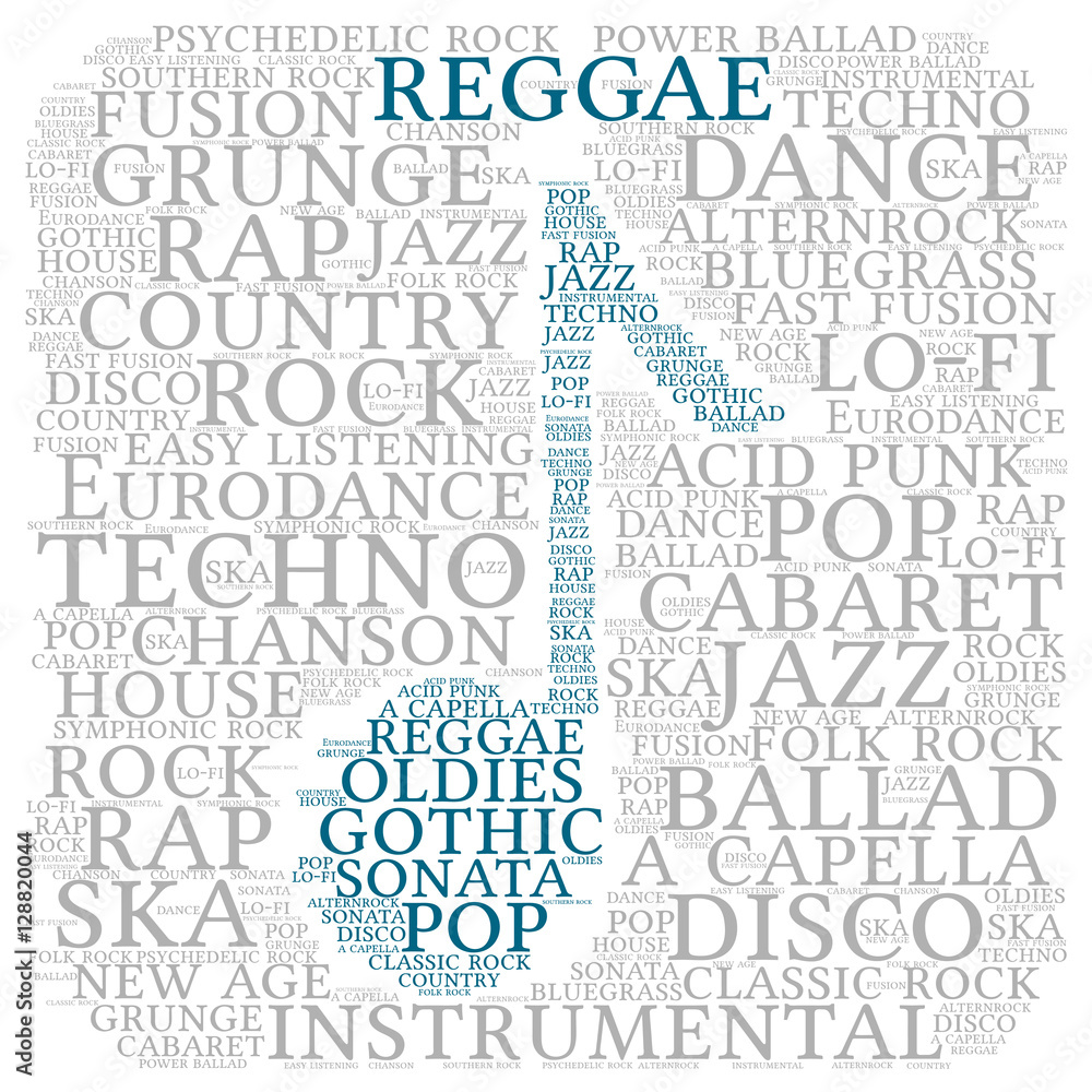 Reggae. Word cloud, musical notes, gray font, white background. Variety ...