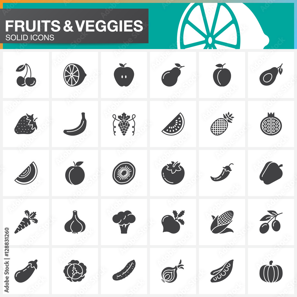 Fruits and vegetables vector icons set, modern solid symbol collection ...