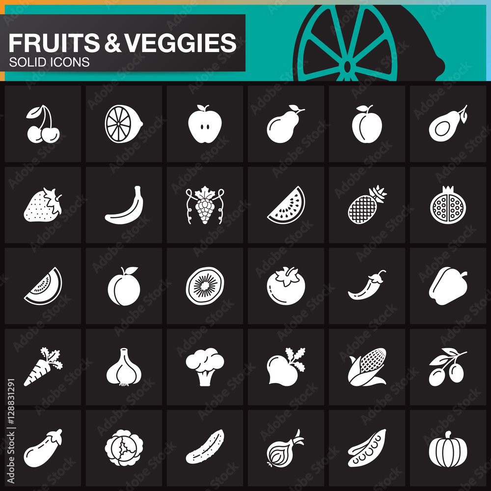 Fruits and vegetables vector icons set, modern solid symbol collection ...