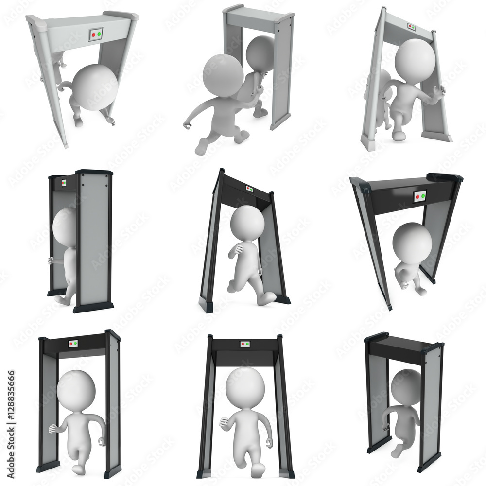 3D metal detector scanner and running man isolated on white background ...