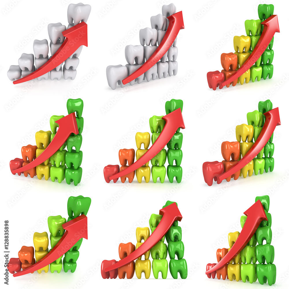 3d teeth bar graph with red arrow isolated on white background. Render ...