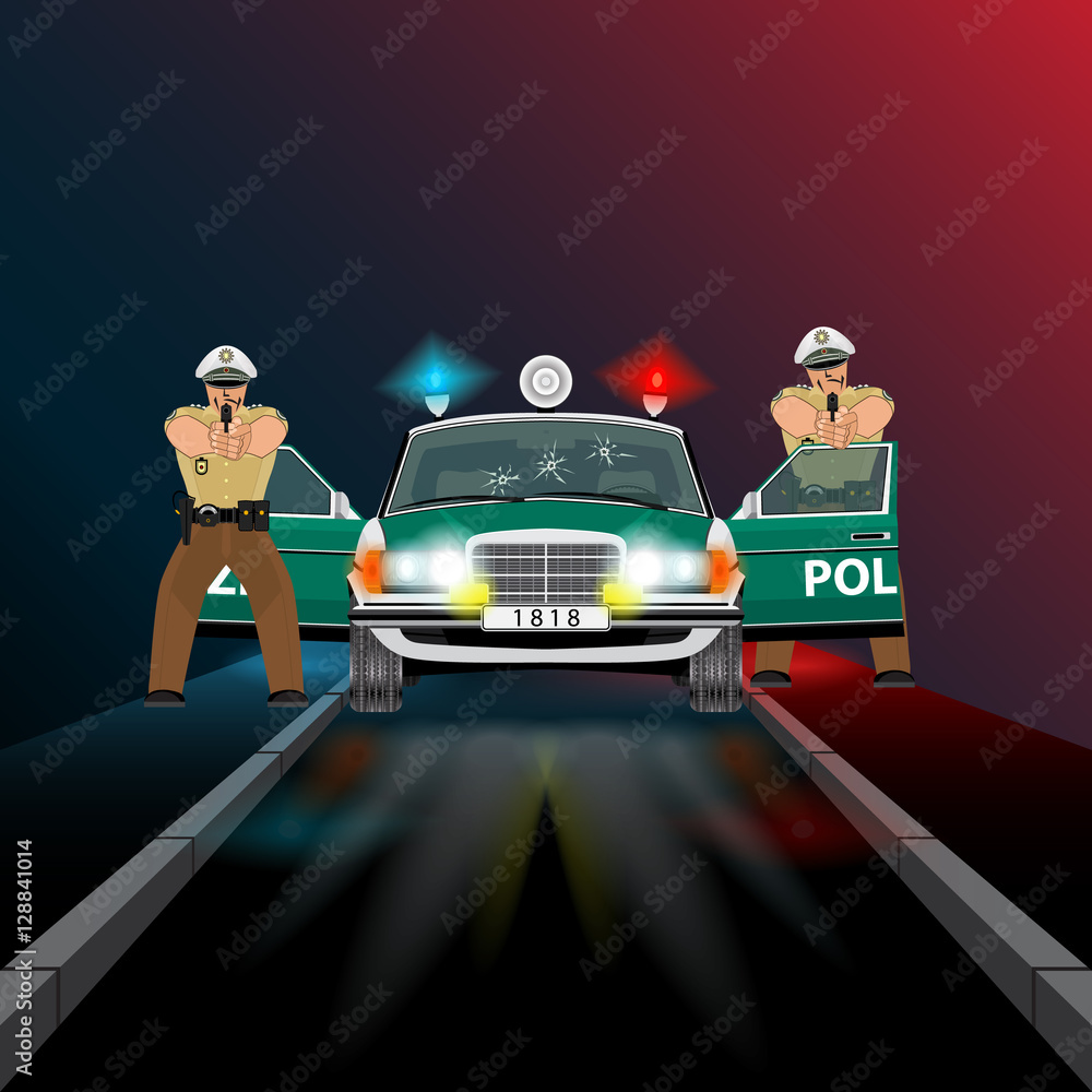 Police. Car police. Policeman with a gun in uniform. Officer. Brigade ...