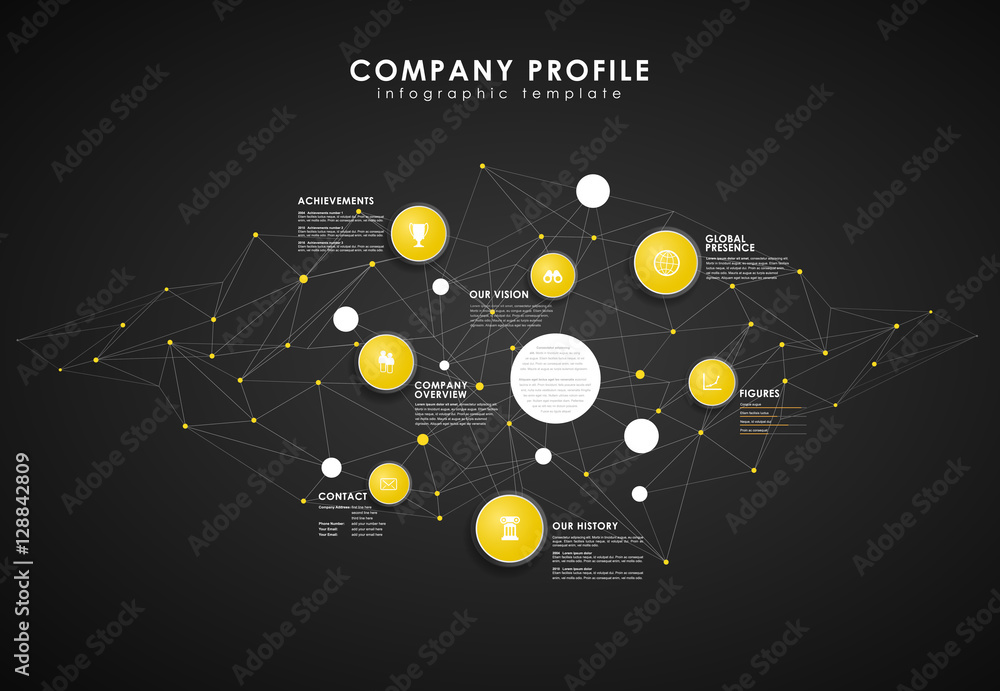 Company profile overview template with yellow circles and dots - Stock ...