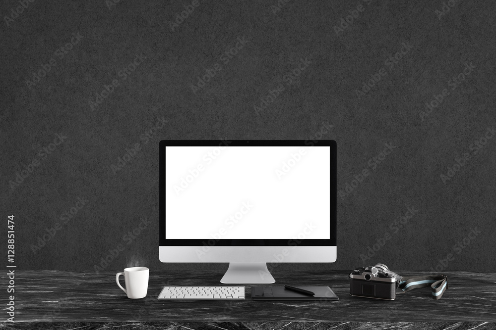 Screen in room and gray wall and workplace Stock Photo | Adobe Stock