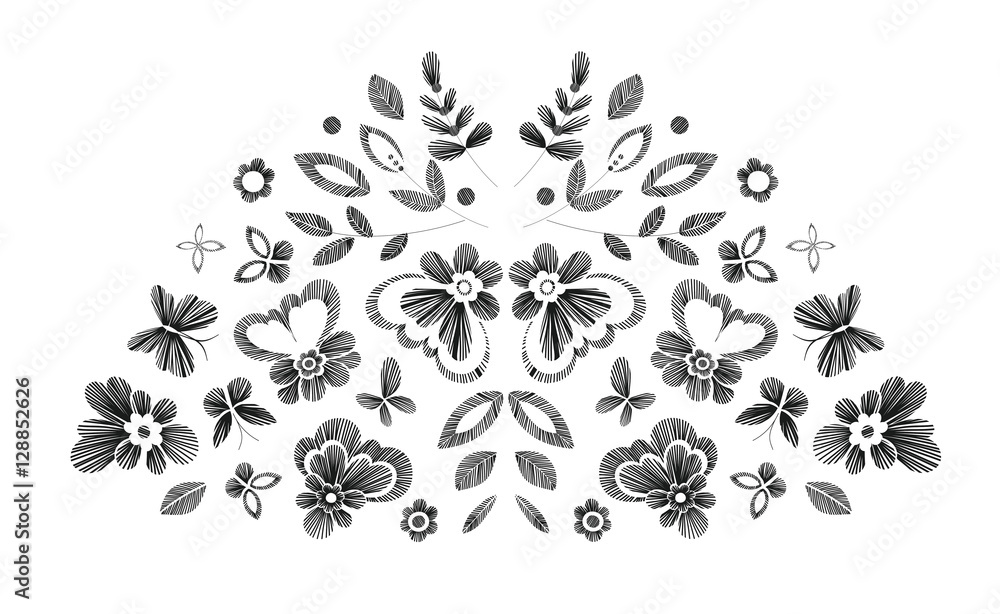 loral design , embroidery pattern. Monochrome vector illustration hand ...