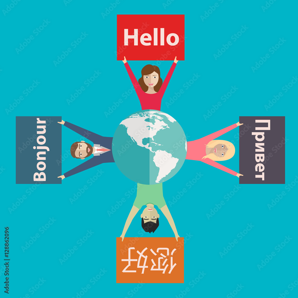 Translation concept, Smiling people holding banners that say hello in ...