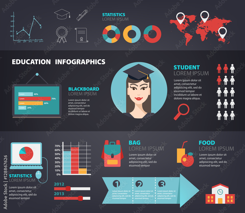 Vector set of education, learning infographics. Colorful charts, icons ...