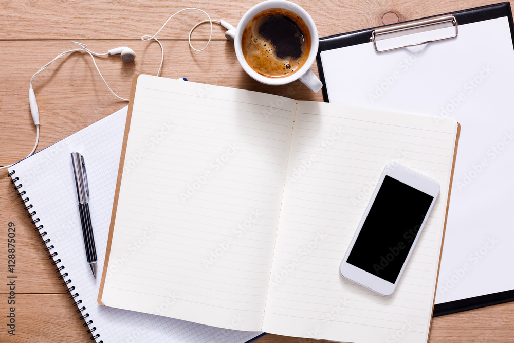 Office supplies and mobile phone at wood background Stock Photo | Adobe ...