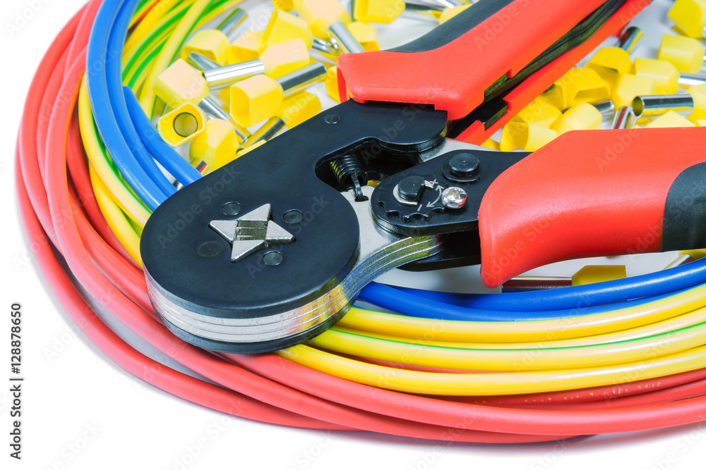 Power wires with cord end terminals crimper Stock Photo | Adobe Stock