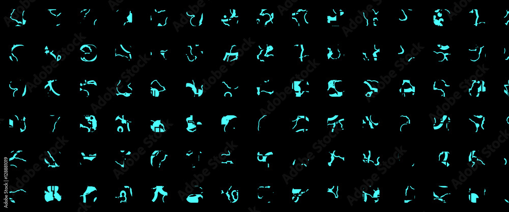 Complex line of alien hieroglyphs symbols isolated on black background ...
