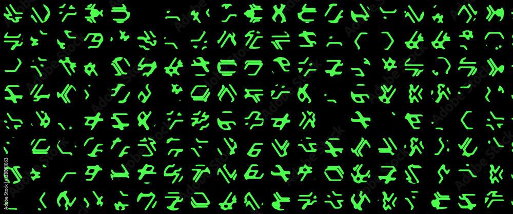 Complex line of alien hieroglyphs symbols isolated on black background ...
