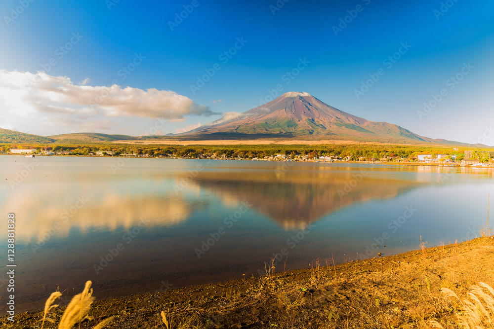 The Mount Fuji of the first snow cap.Foreground is an inverted image of ...