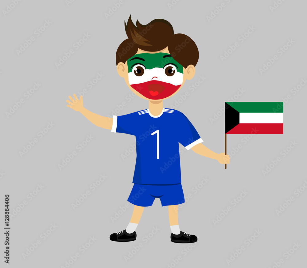 Fan of Kuwait national football team, sports. Boy with flag in the ...