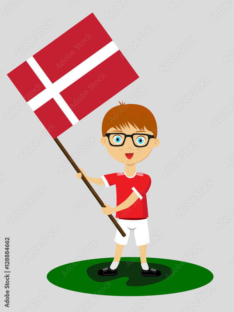 Fan of Denmark national football team, sports. Boy with flags in the ...
