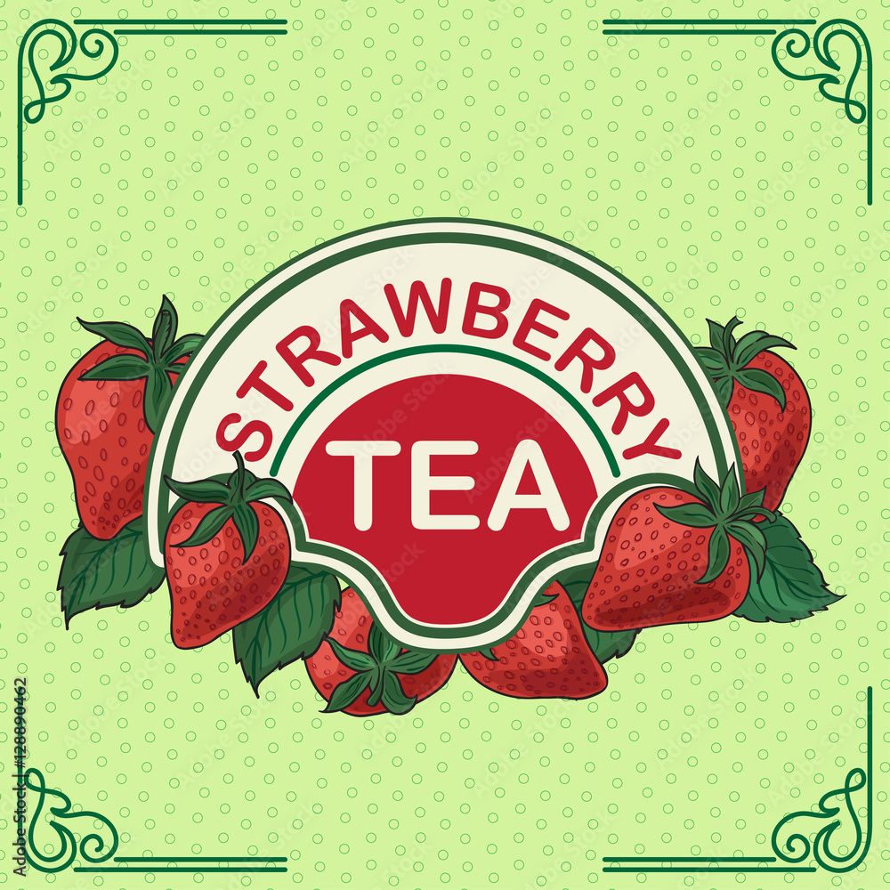 Strawberries, label for strawberry tea on green background. Stock ...