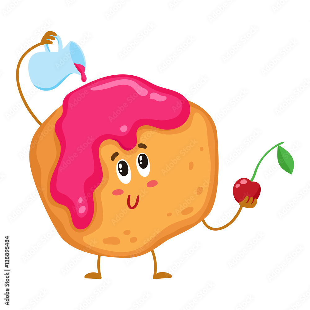Cute and funny freshly baked donut, bun, scone character pouring cherry ...