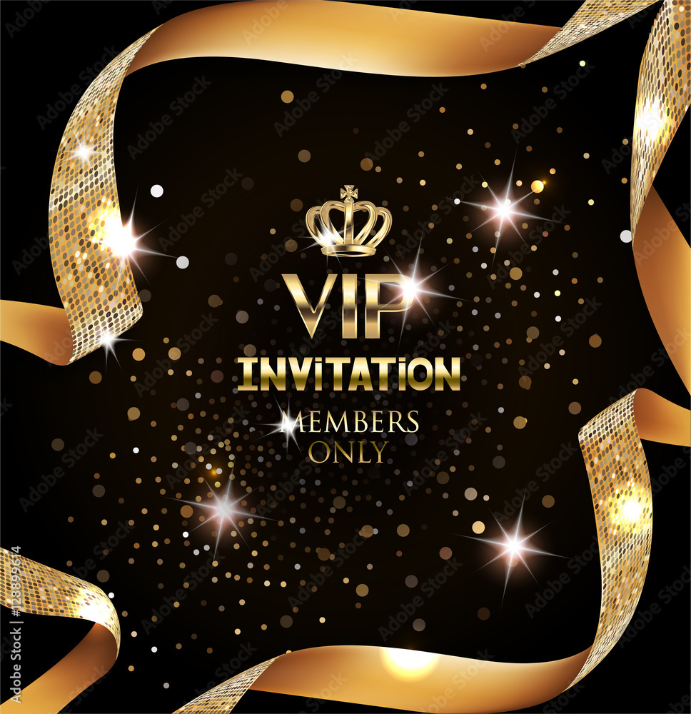 Elegant VIP invitation card with silk textured curled gold ribbon Stock ...