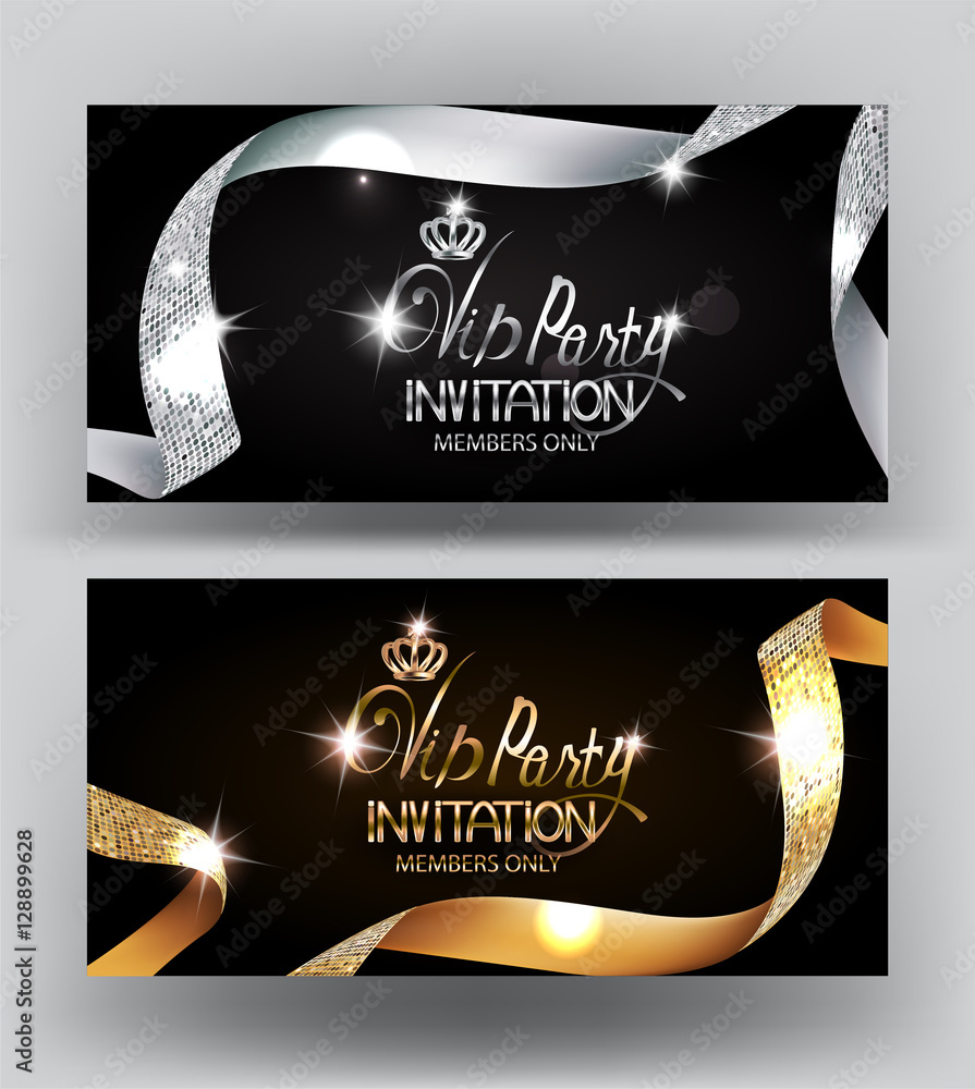 Elegant VIP party invitation cards with textured curled gold and silver ...