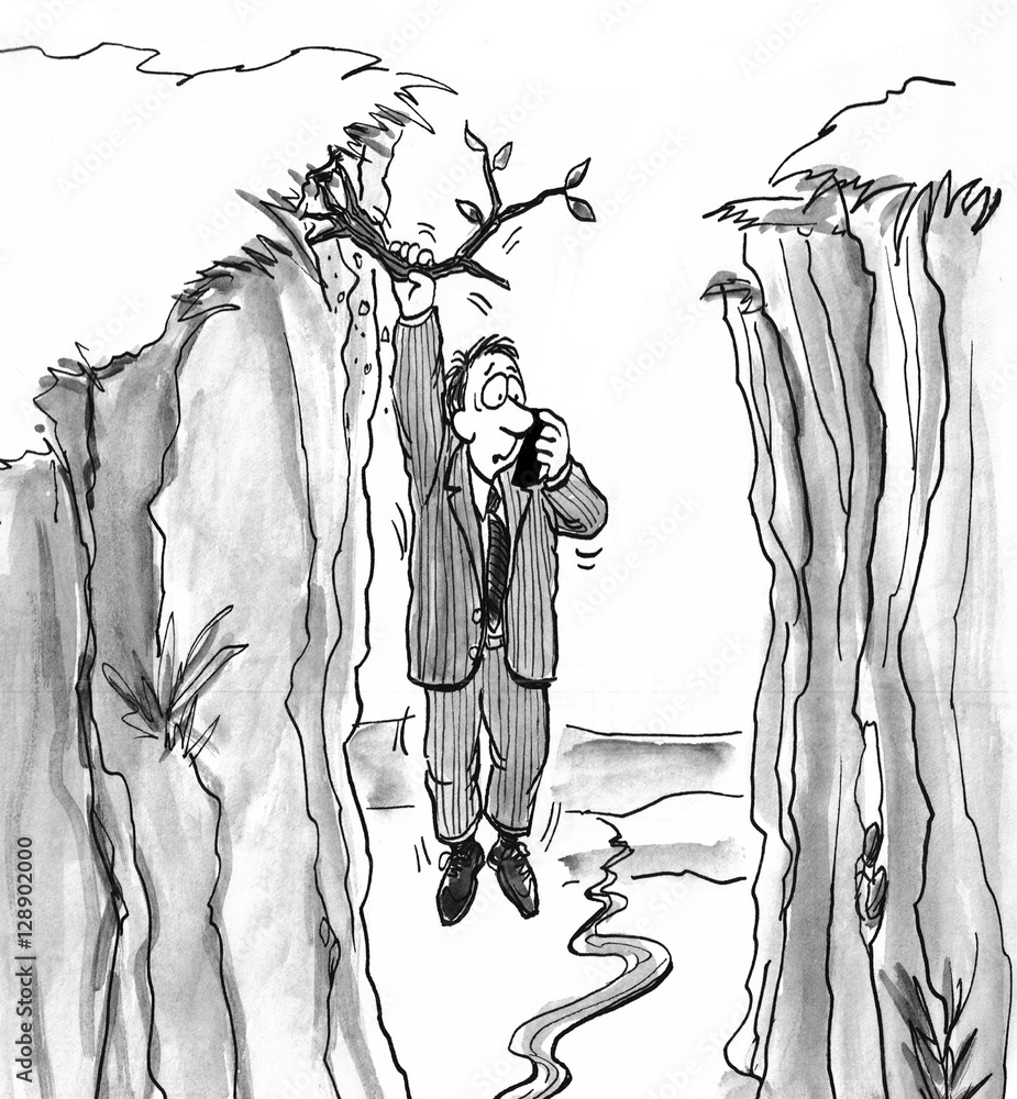 Business illustration of a man who has fallen off a cliff and is ...