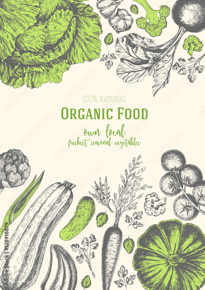 Vegetables top view frame. Organic food poster. Vector illustration ...