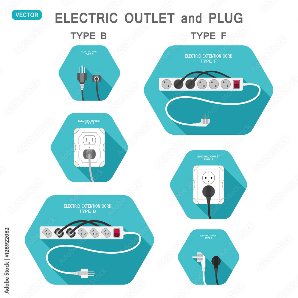 Vector set of hexagon isolated icons outlet and plug types B and F on ...