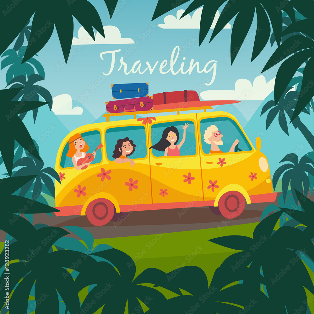 Summer trip vector illustration. Surfing bus on palm beach. Happy ...