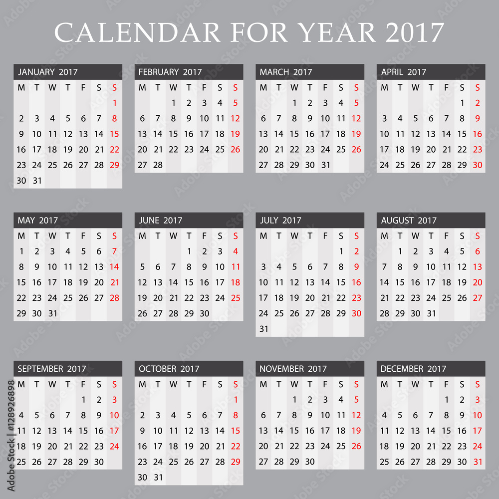 Calendar for year 2017 - week starts with Monday, isolated on grey ...